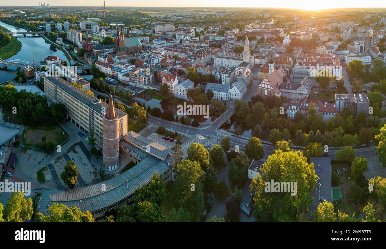 An aerial view of the Old Town in Opole, the Castle Tower, the town ...
