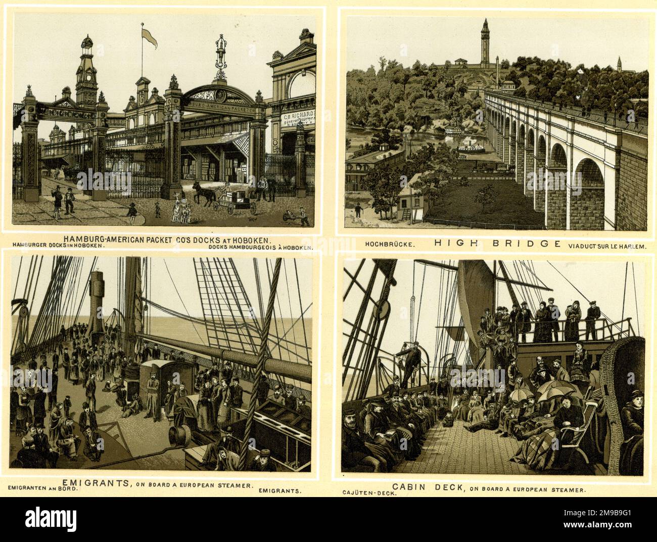 Four views of New York City, USA - Docks at Hoboken, High Bridge ...