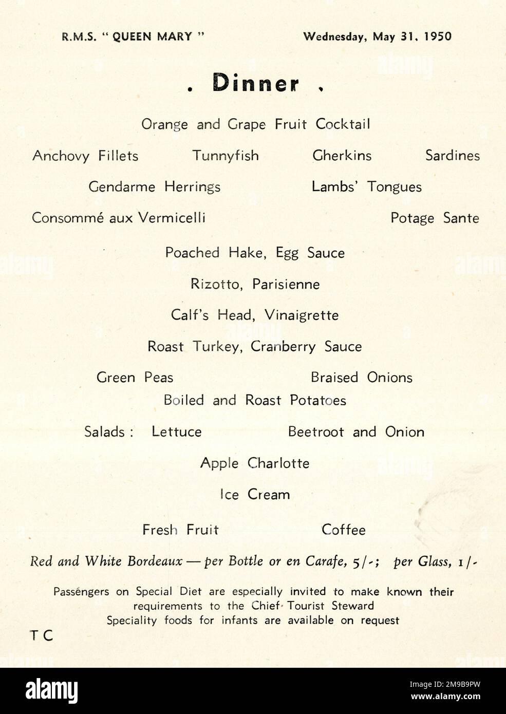 Cunard White Star, RMS Queen Mary, Dinner Menu, 31 May 1950 Stock Photo ...