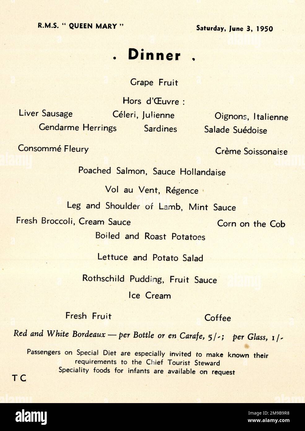 Cunard White Star, RMS Queen Mary, Dinner Menu, 3 June 1950 Stock Photo ...