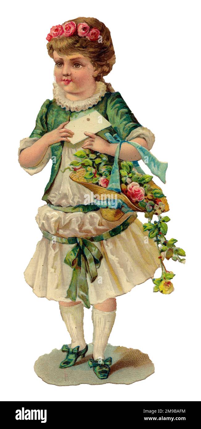 Victorian scrap, girl with letter and basket of flowers Stock Photo - Alamy