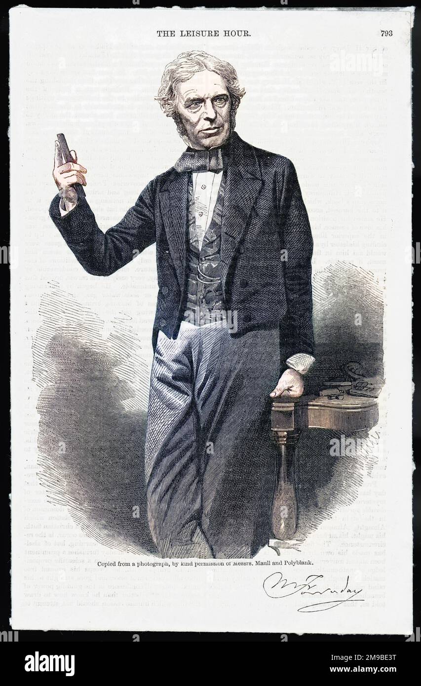 Michael Faraday (1791 - 1867), scientist, shown holding a glass bar of ...