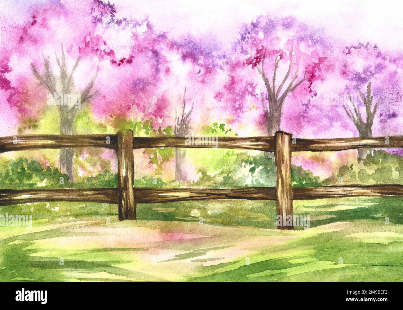 Spring landscape with flowering trees, meadow pastures and a wooden ...