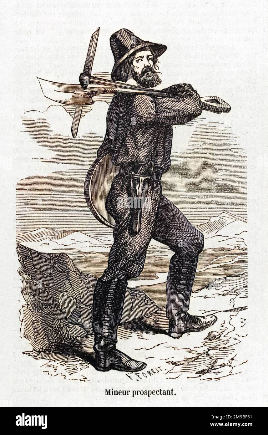 A prospector, armed with pick and shovel, sieve and six- shooter Stock ...