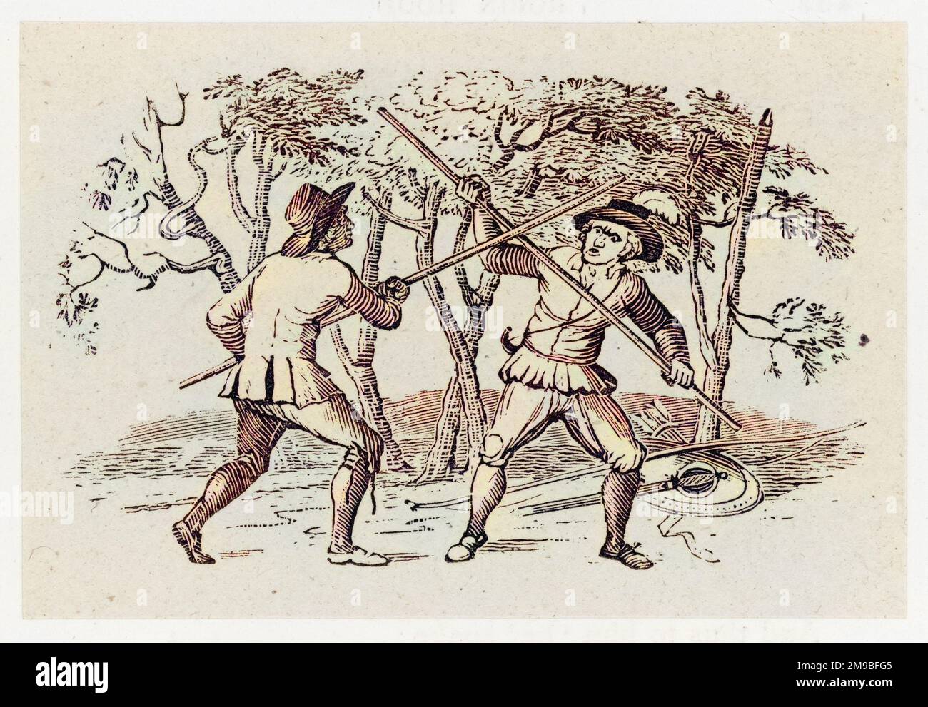 Robin Hood and the tanner fight with quarterstaffs Stock Photo - Alamy