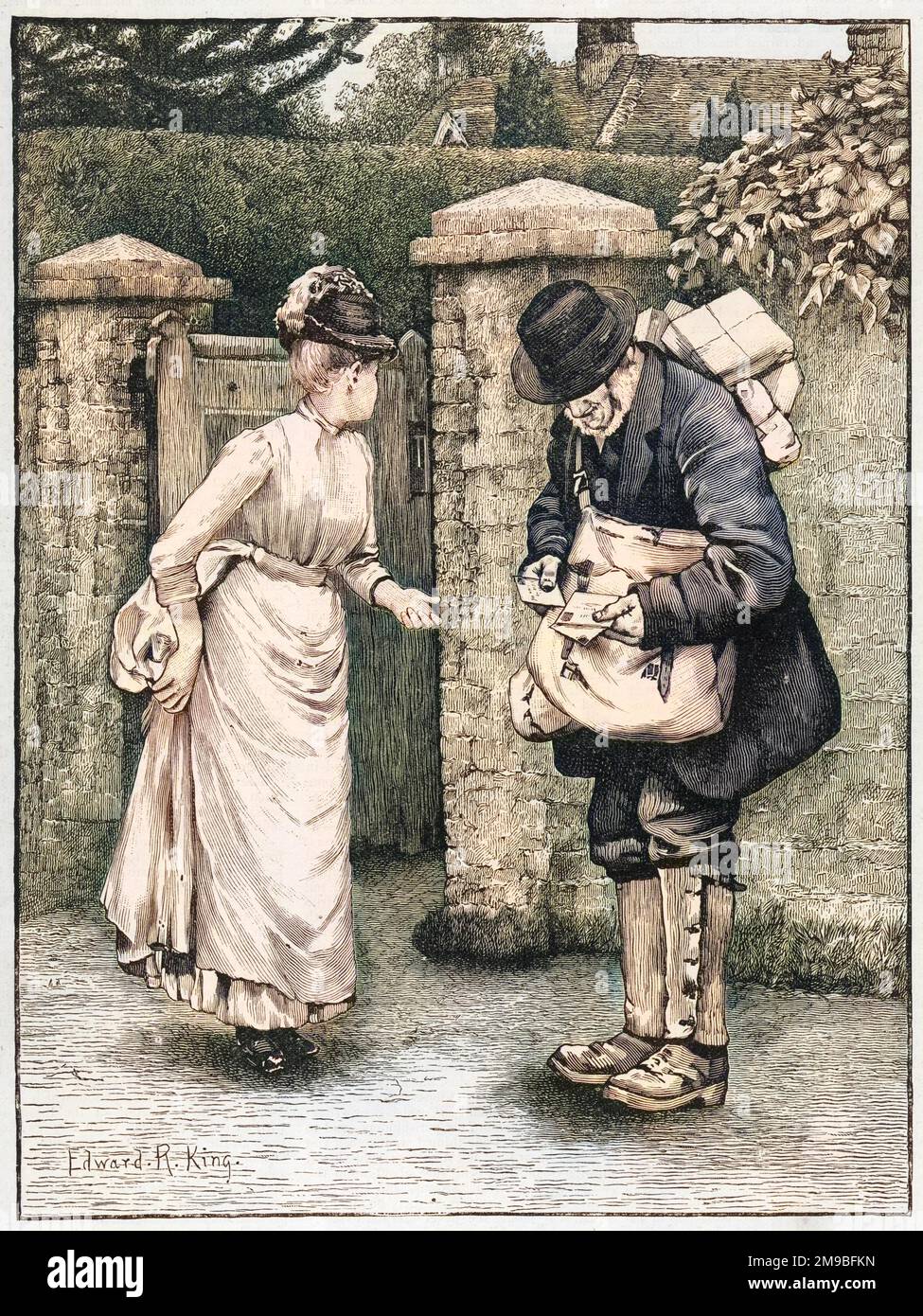 An English country postman with a letter for the daughter of the house ...