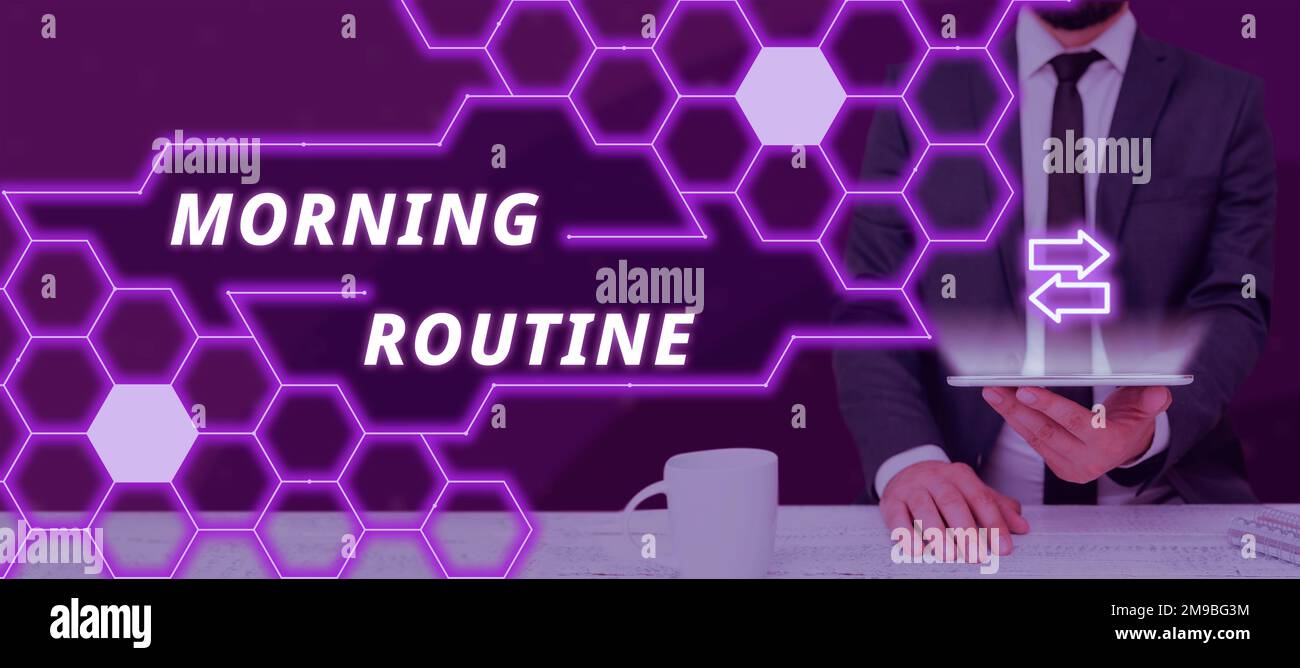 Text caption presenting Morning Routine, Word for initiation of ...