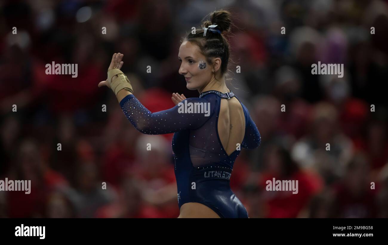 Utah State gymnast Ariel Toomey performs her floor routine during an ...