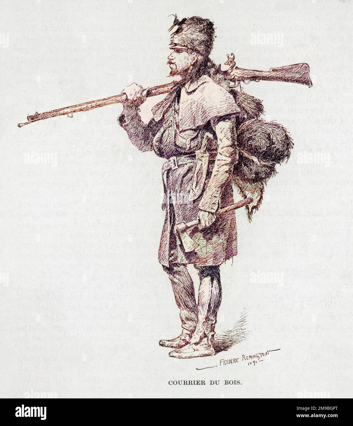 A French Canadian hunter or courrier du bois with a rifle and a hatchet ...