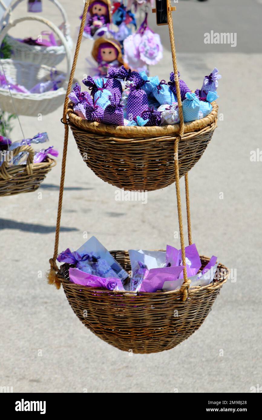 Hanging wicker baskets hi-res stock photography and images - Alamy