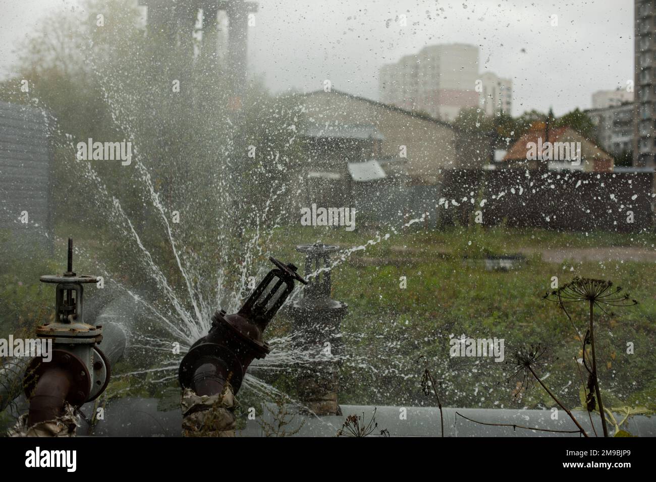 Pipe accident. Water breakthrough. Hot water flow. Damage to pipeline ...