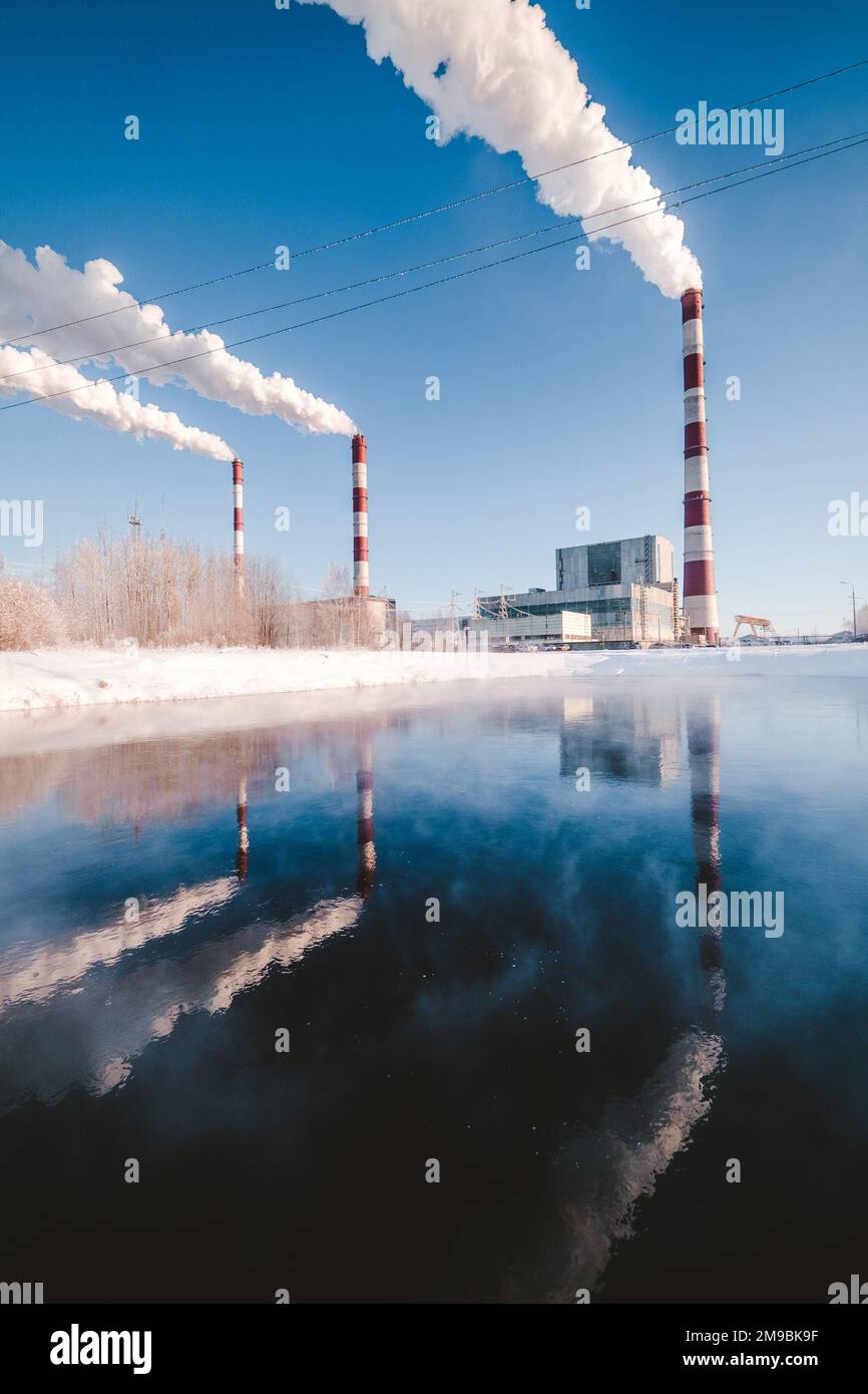 A beautiful view of the electric stations with smoke pollution in ...