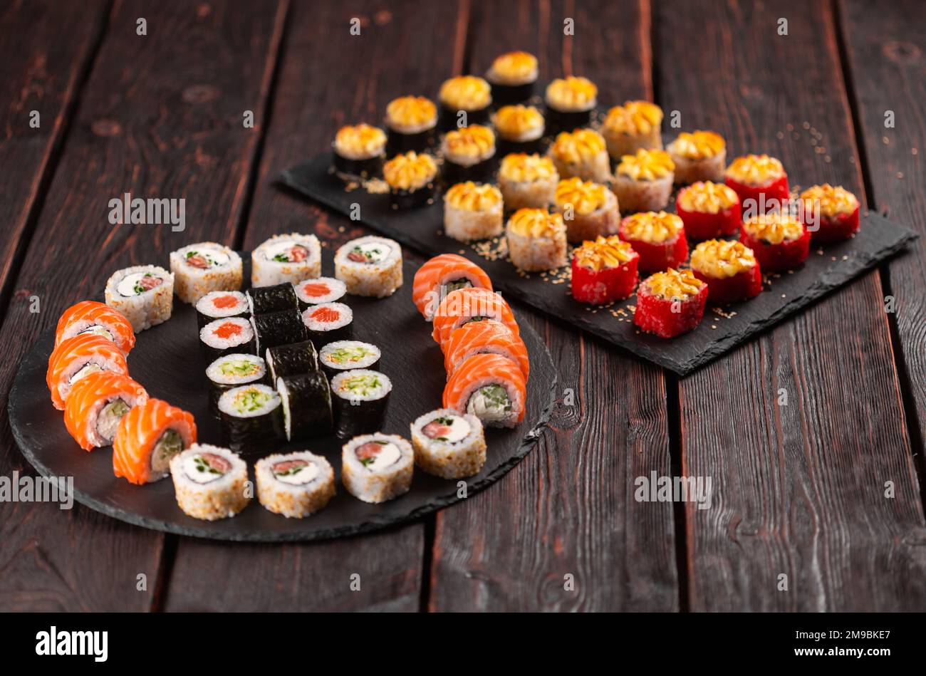 Rolls set with fish shrimp and caviar sushi close-up - asian food and ...