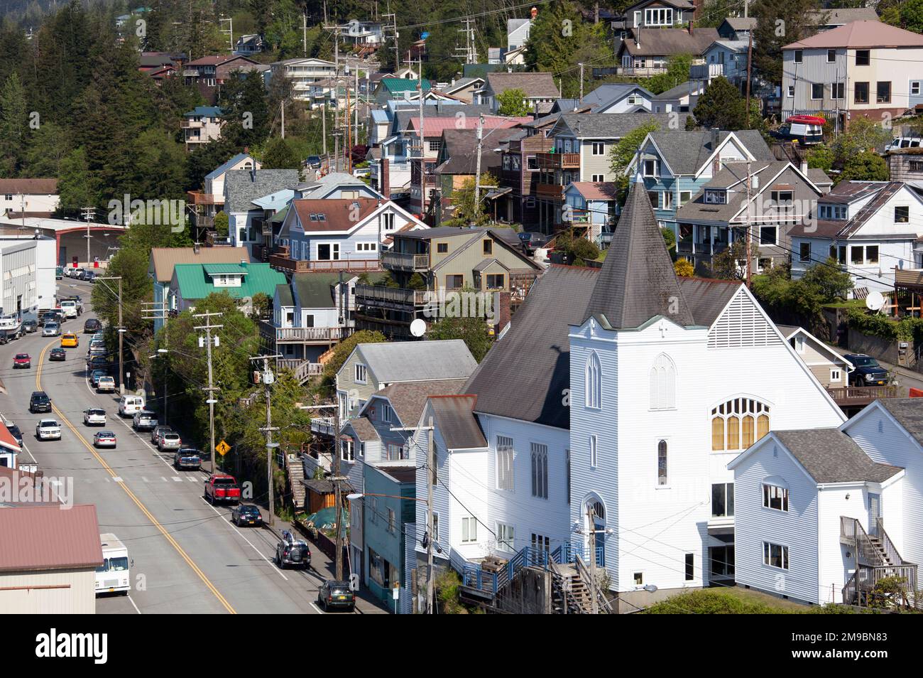 The aerial view of a wooden church on a main street in Ketchikan ...
