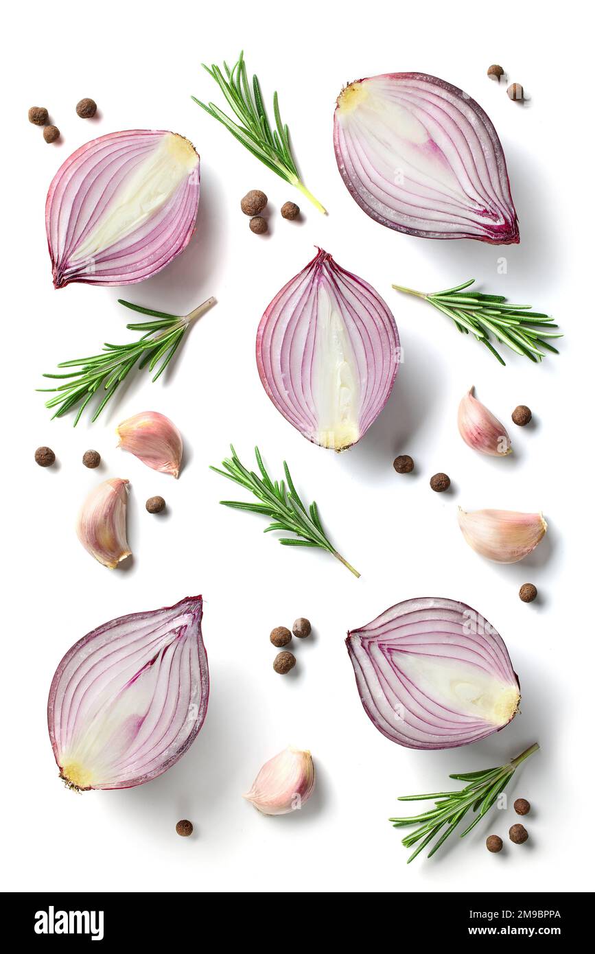 composition of red onions and spices isolated on white background, top ...