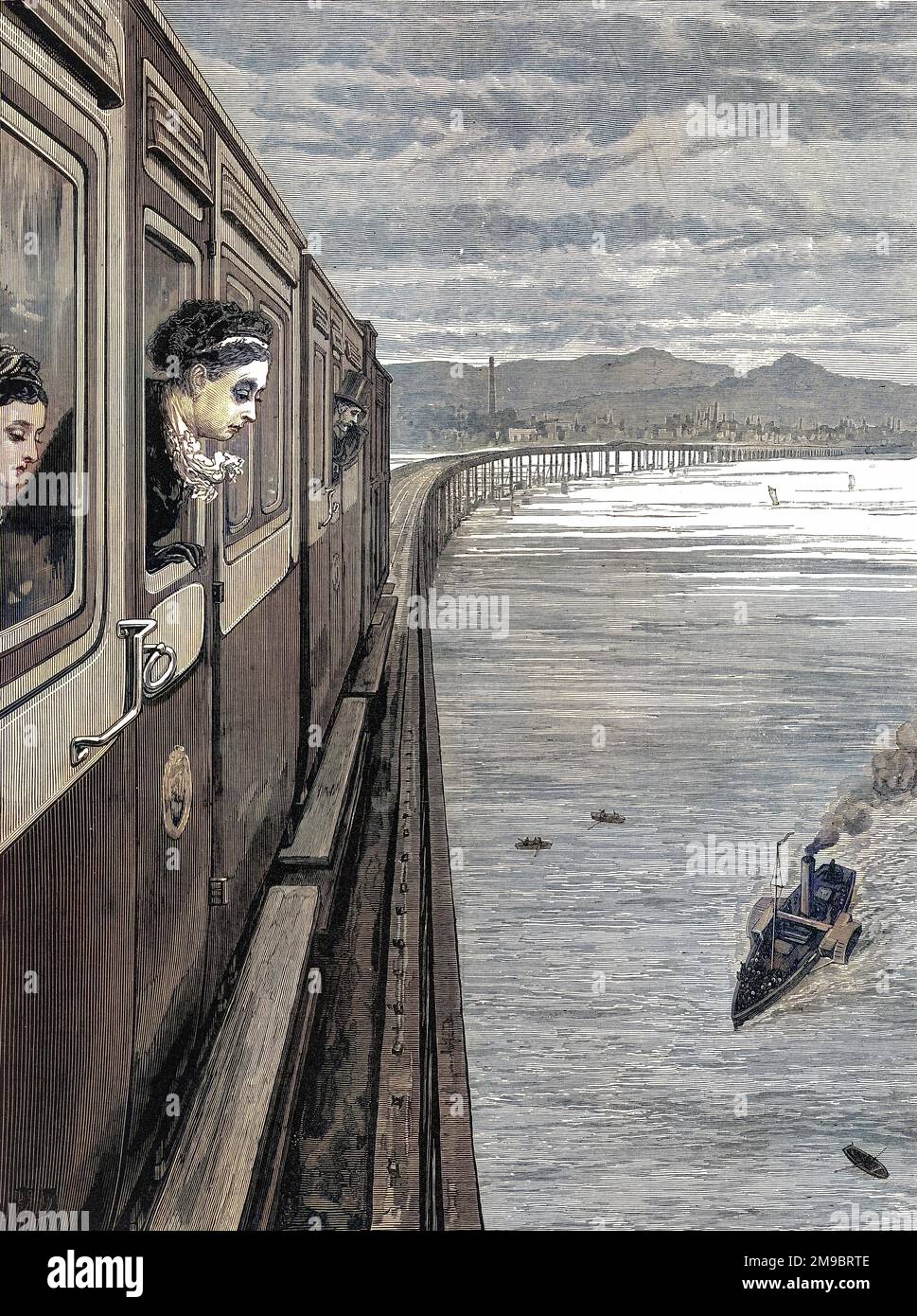 Queen Victoria crossing the Tay Bridge, Dundee. Later that year the Tay ...