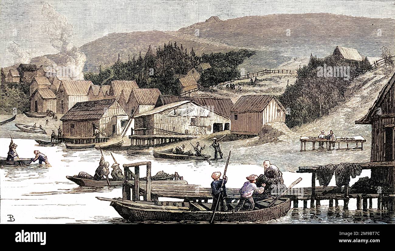 The wooden framed houses and warehouses of a Chinese fishing village on ...