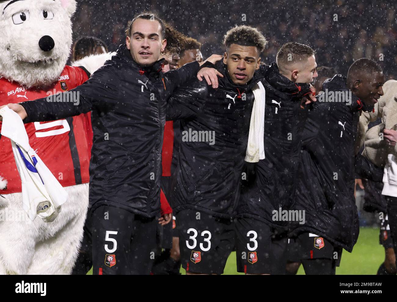 Arthur Theate, Desire Doue of Rennes and teammates celebrate the ...
