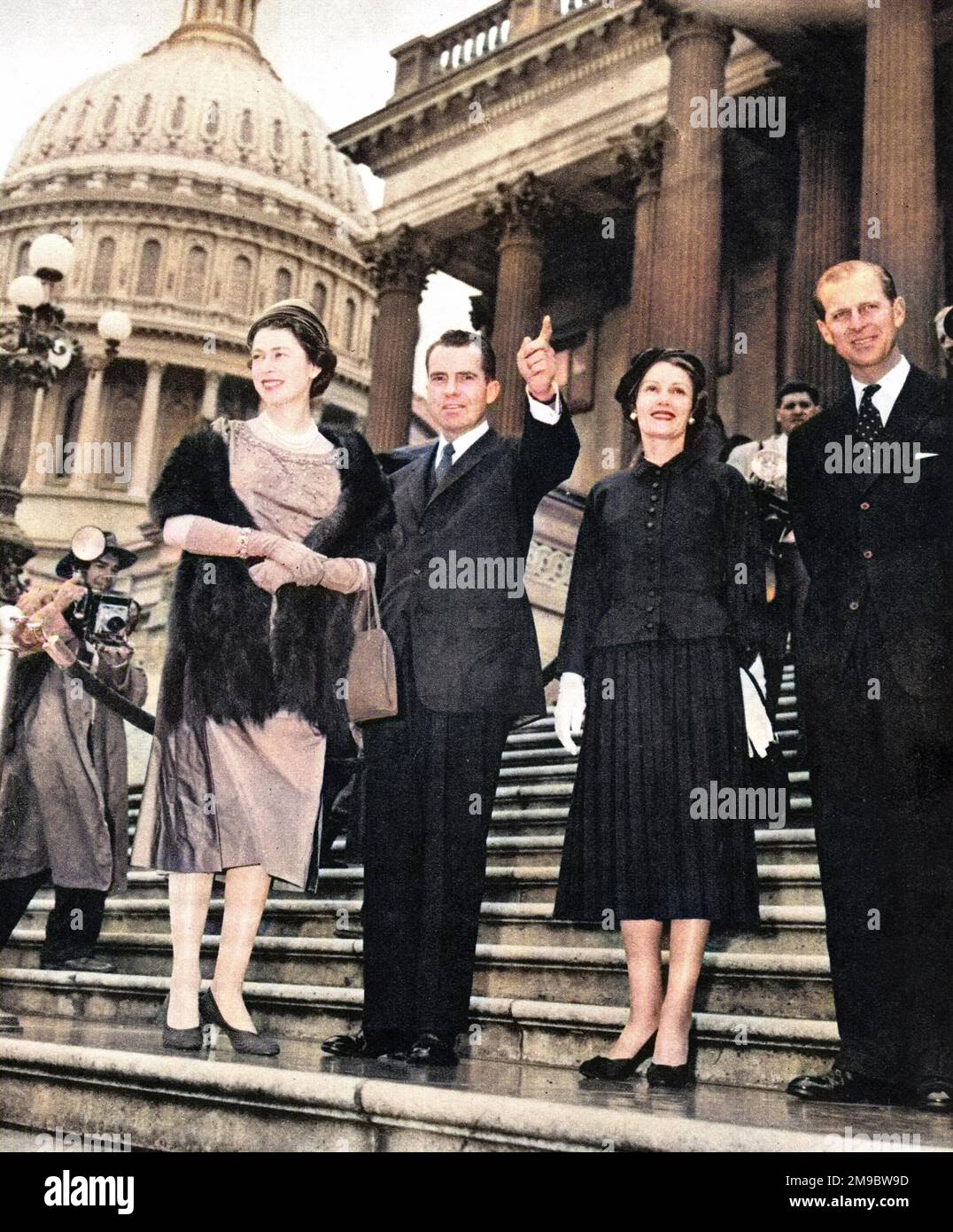 The royal visit to North America,1957. Vice president Nixon points out ...