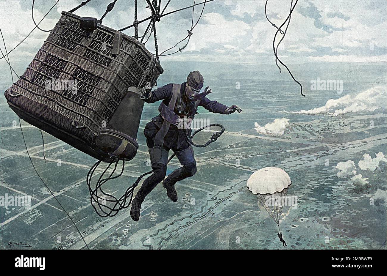 A British observer drops from the car of a kite balloon, attached to ...