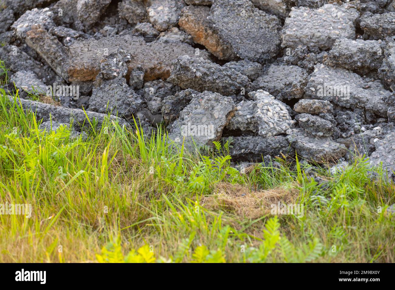 Chunks of old asphalt dumped in a grass field Stock Photo - Alamy