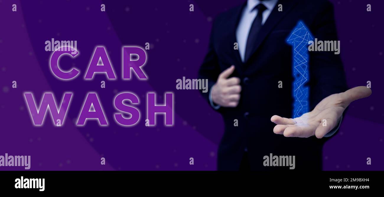 Text caption presenting Car Wash. Word Written on a building containing ...