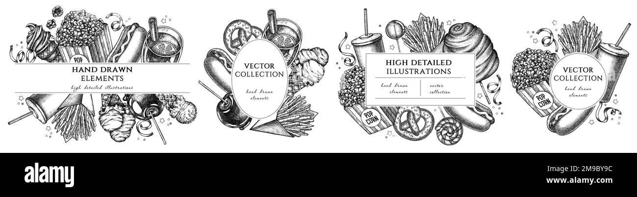 Carnival food hand drawn frame templates. Vintage illustrations of ...