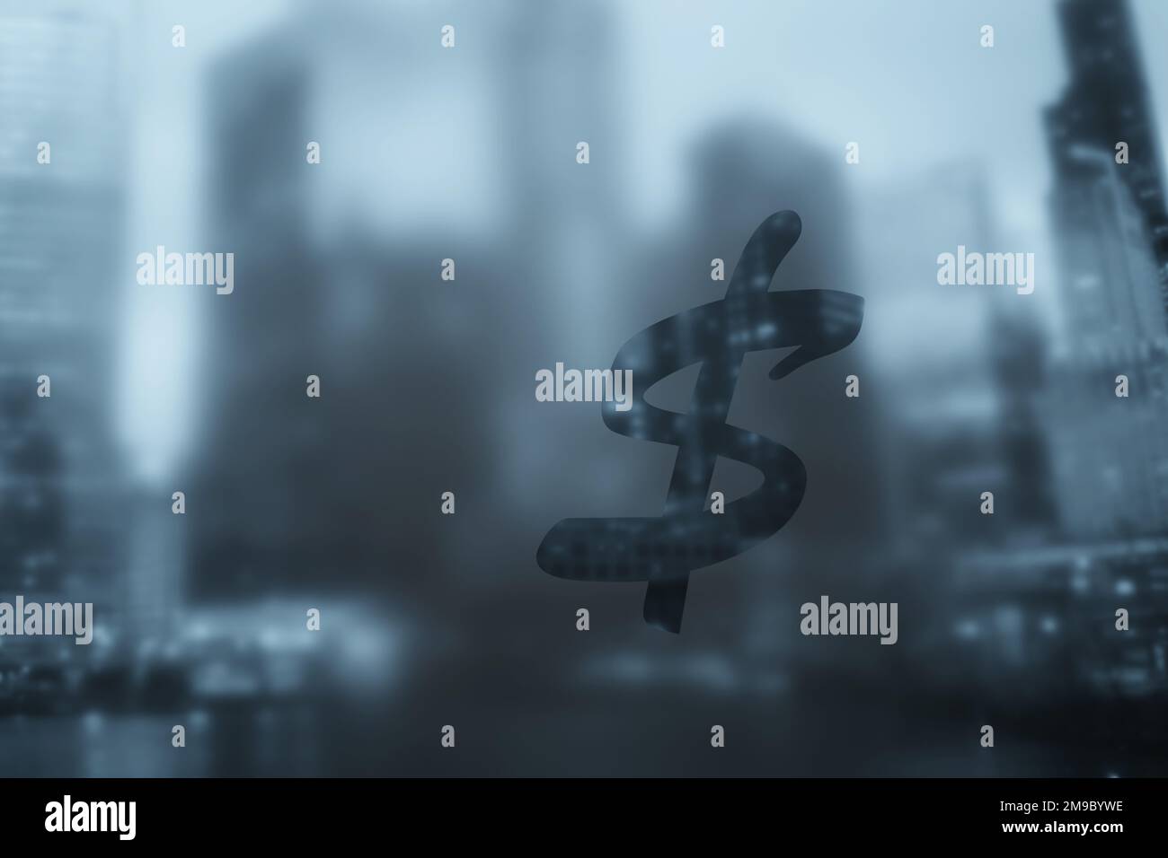 Dollar sign is written on a cloudy glass facing a commercial and ...