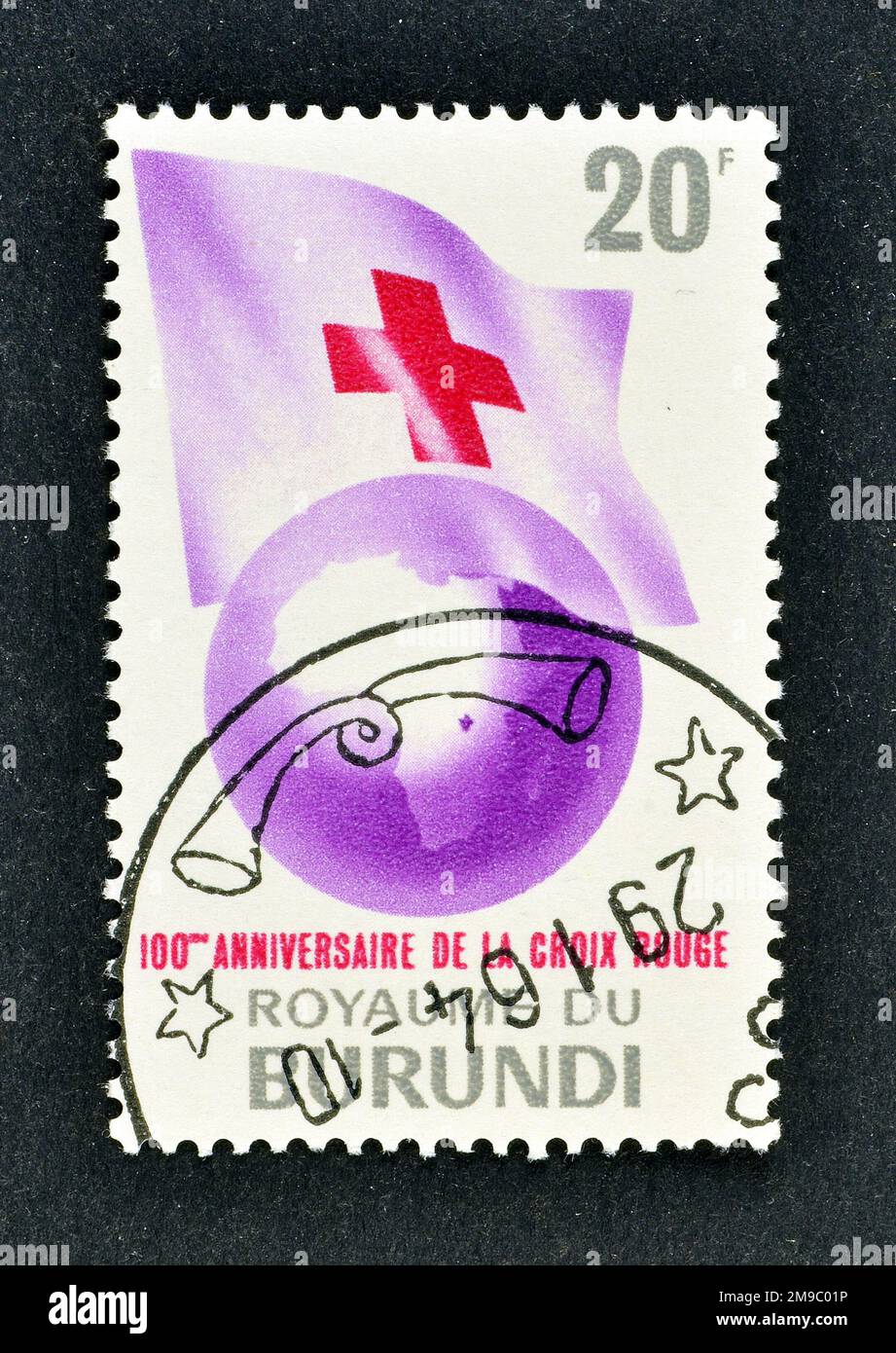 Cancelled postage stamp printed by Burundi, that shows Red Cross flag ...