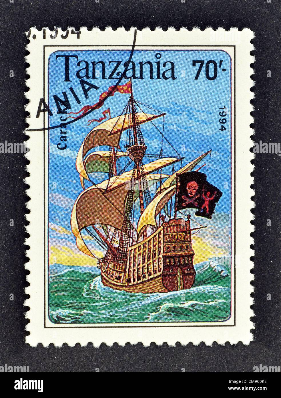 Cancelled postage stamp printed by Tanzania, that shows Carrack sailing ...