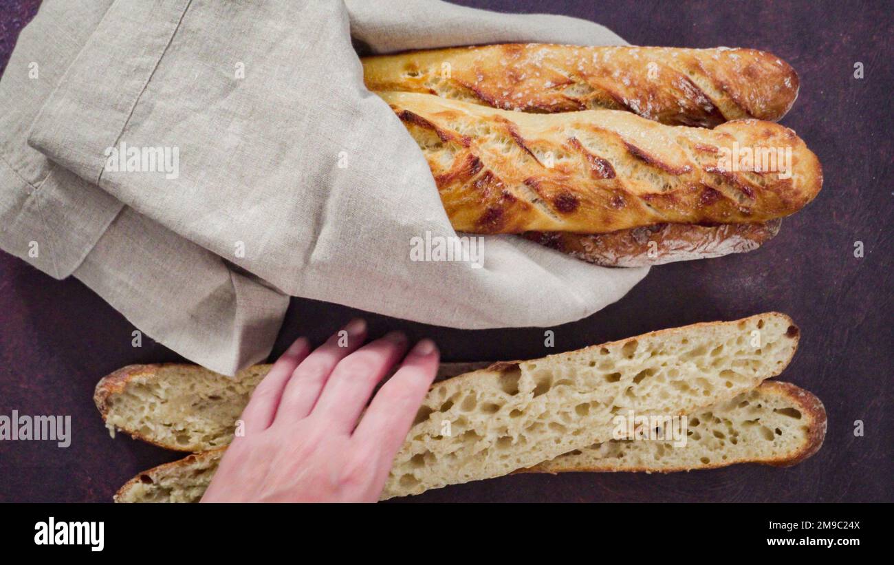Flat lay. Freshly baked homemade French baguette bread Stock Photo - Alamy
