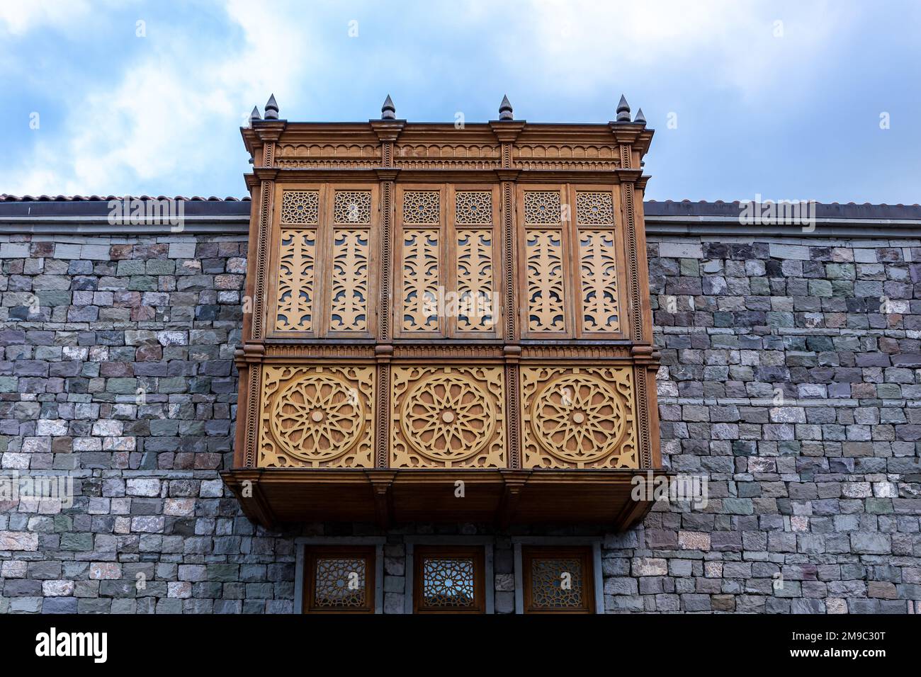 Traditional Georgian old wooden carved hanging balcony in Akhaltsikhe ...