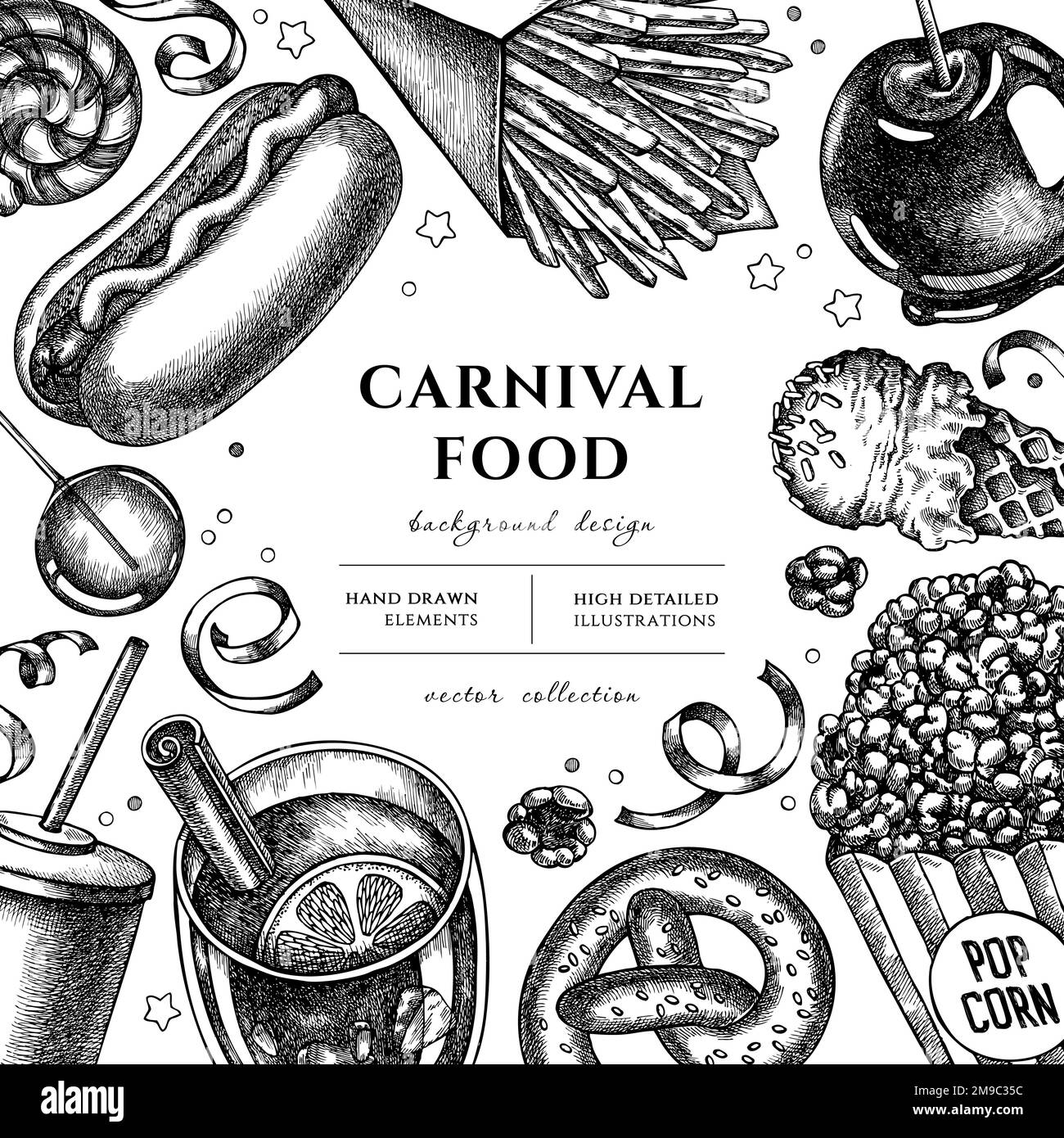 Carnival food hand drawn illustration design. Background with sketch ...