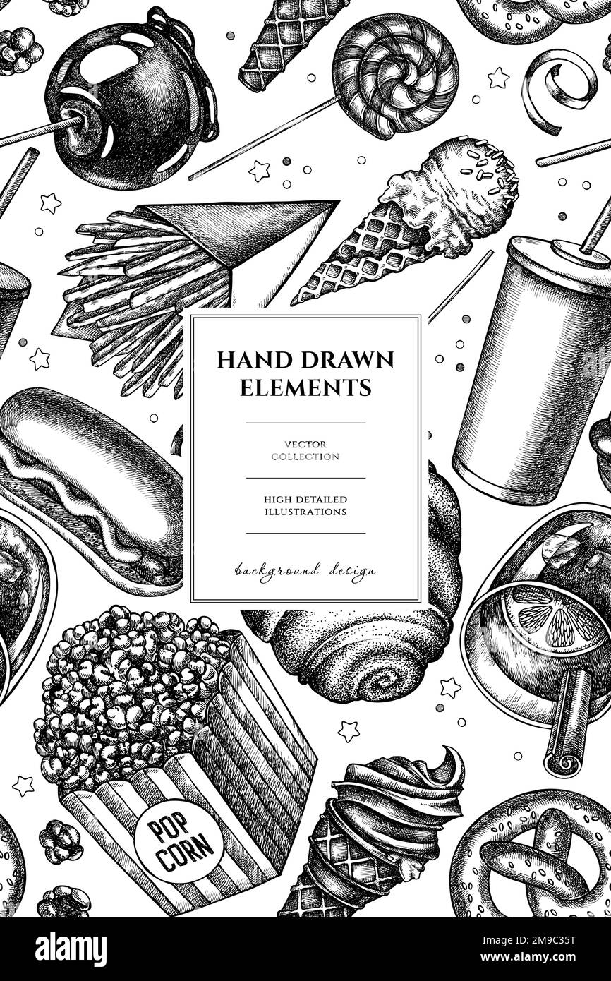 Carnival food pattern card design. Hand drawn french fries, pretzel ...