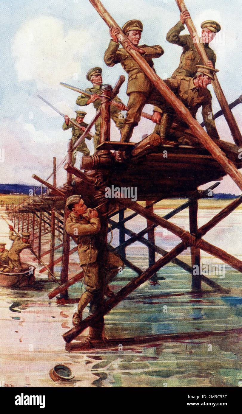 Royal Engineers building a Trestle Bridge during the First World War ...