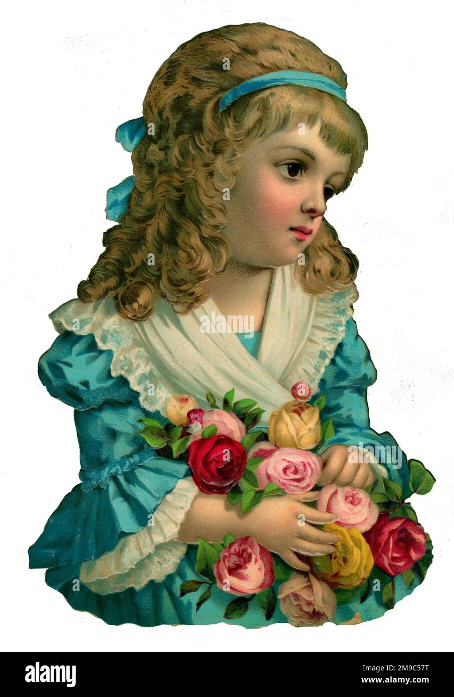 Victorian scrap, girl holding a bunch of flowers Stock Photo - Alamy