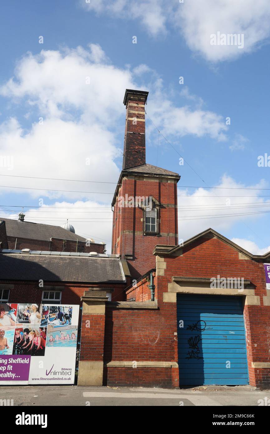 Chimney stack former boiler house at Heeley swimming baths, Broadfield ...