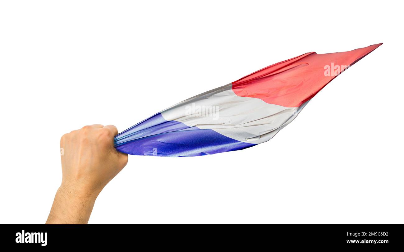 French fan holding the flag of France isolate with white background ...