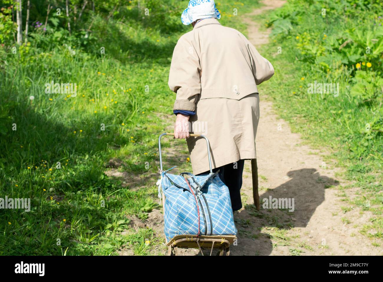 Old woman with cart. Retired in Russia. Old woman walks through forest ...
