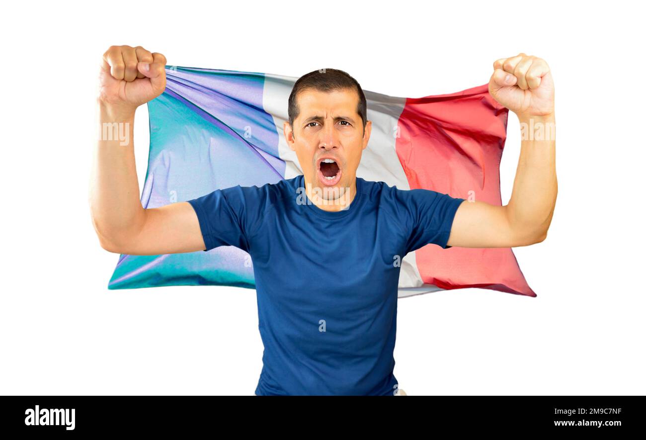 Man supporters at stadium screaming for the victory with french flag ...