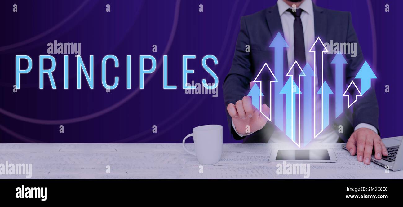 Text caption presenting Principles. Business overview fundamental truth ...