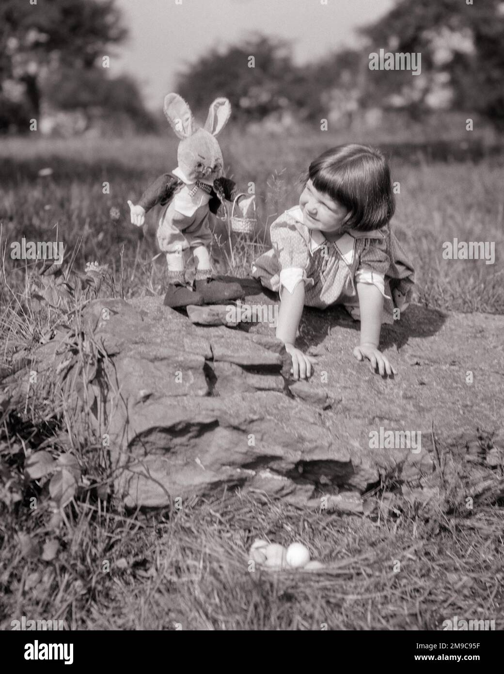 1920s LITTLE GIRL LEANING ON ROCKS WITH STUFFED EASTER BUNNY TOY PETER ...