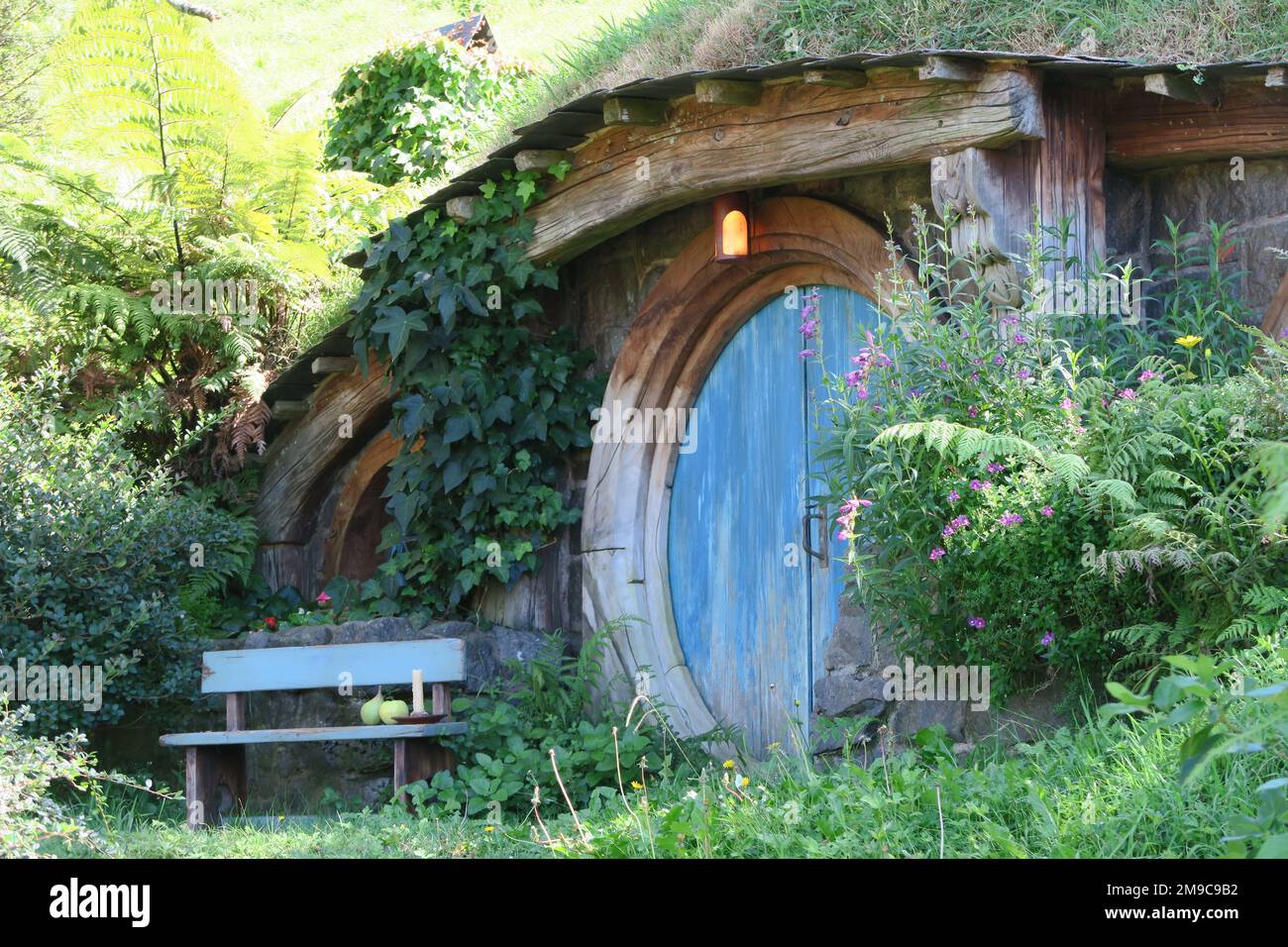 The beautiful and small Hobbit house in New Zealand with a blue door ...