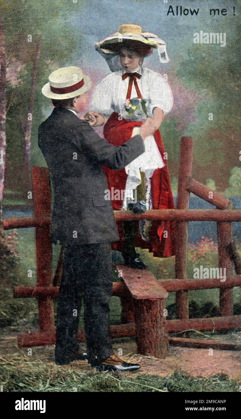 Allow me! - A courteous Gentleman assist a young lady as she crosses a ...