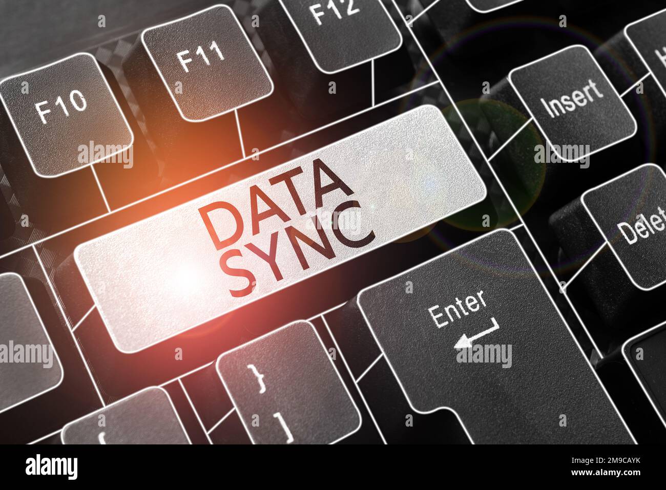 Text caption presenting Data Sync. Conceptual photo data that is continuously generated by ...