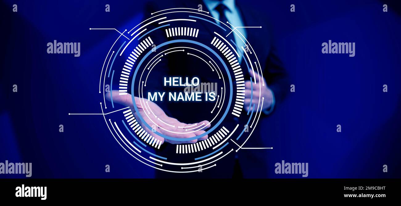 Hand writing sign Hello My Name Is. Business showcase introducing ...