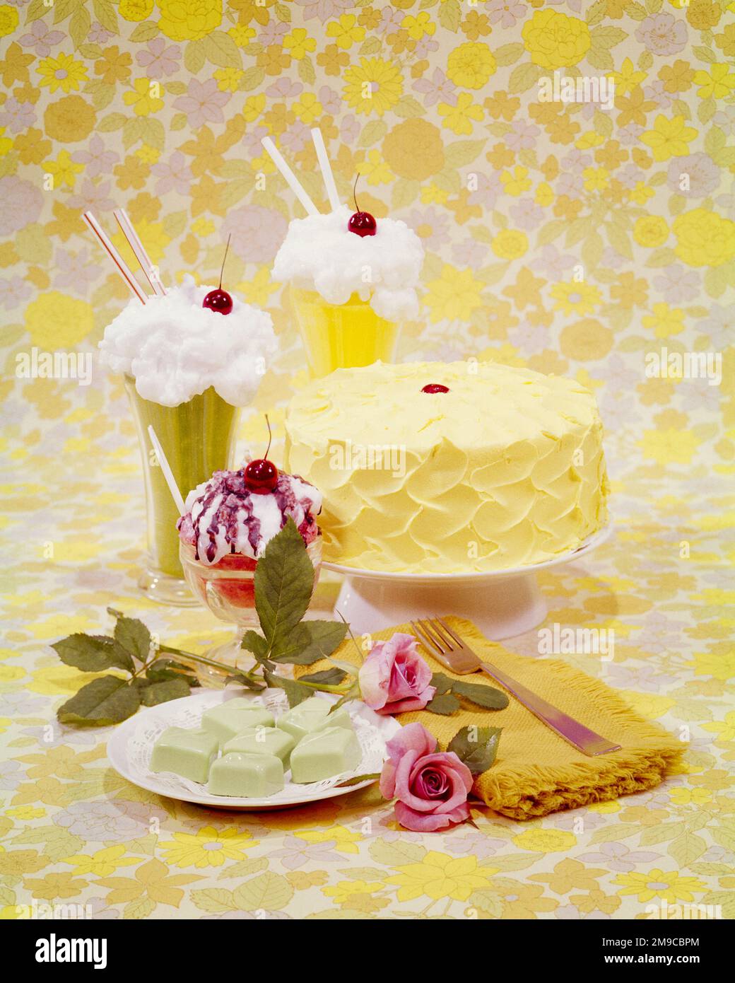 1970s LEMON YELLOW ICING ON A CAKE TWO SODAS MILKSHAKES WITH WHIPPING ...