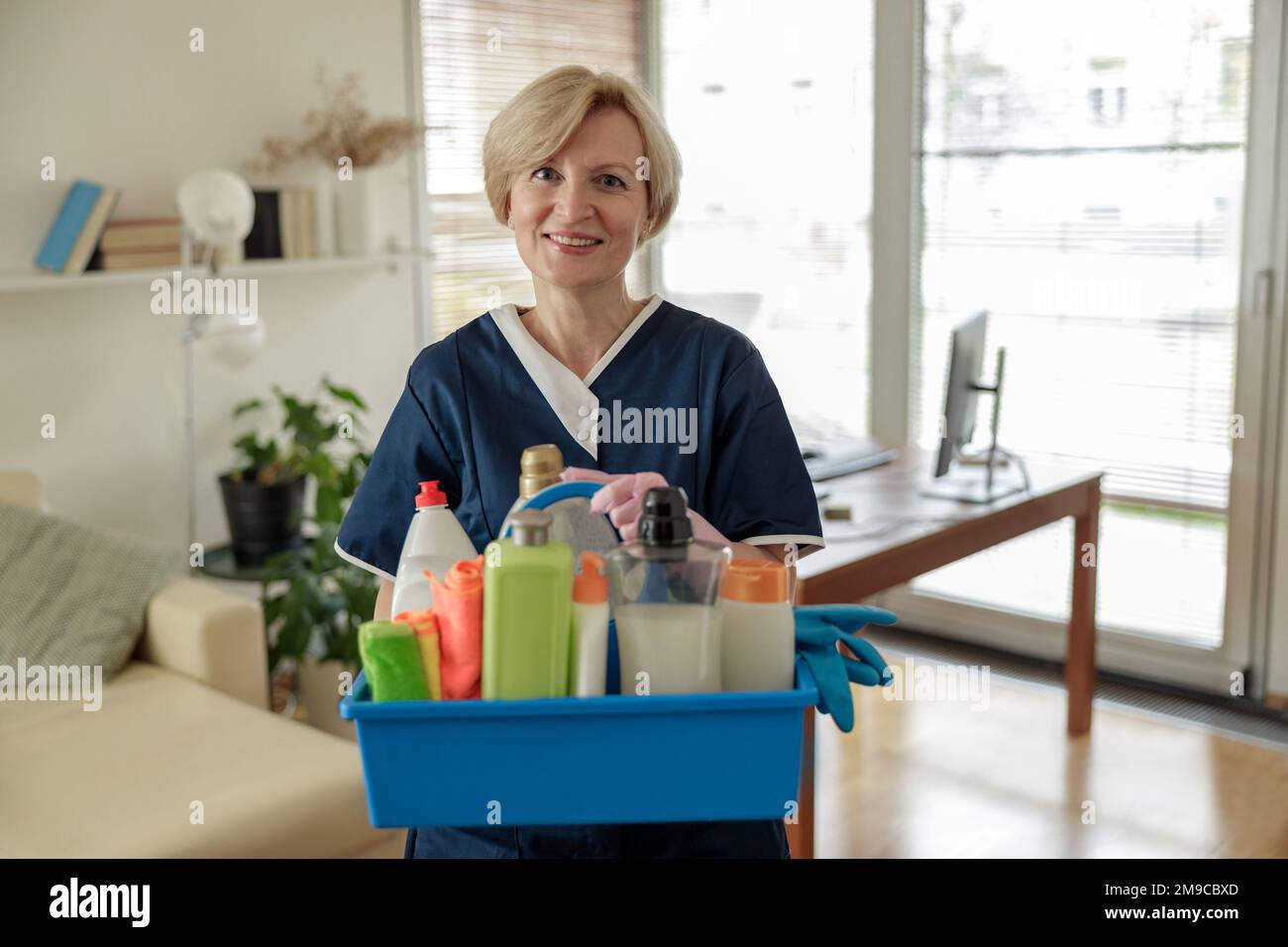 Housemaid in uniform for cleaning apartment holds box with detergents ...