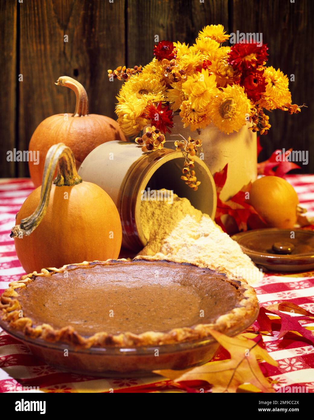 1980s AUTUMN STILL LIFE WITH PUMPKIN PIE PUMPKINS FLOUR JAR FALL FLOWER ...