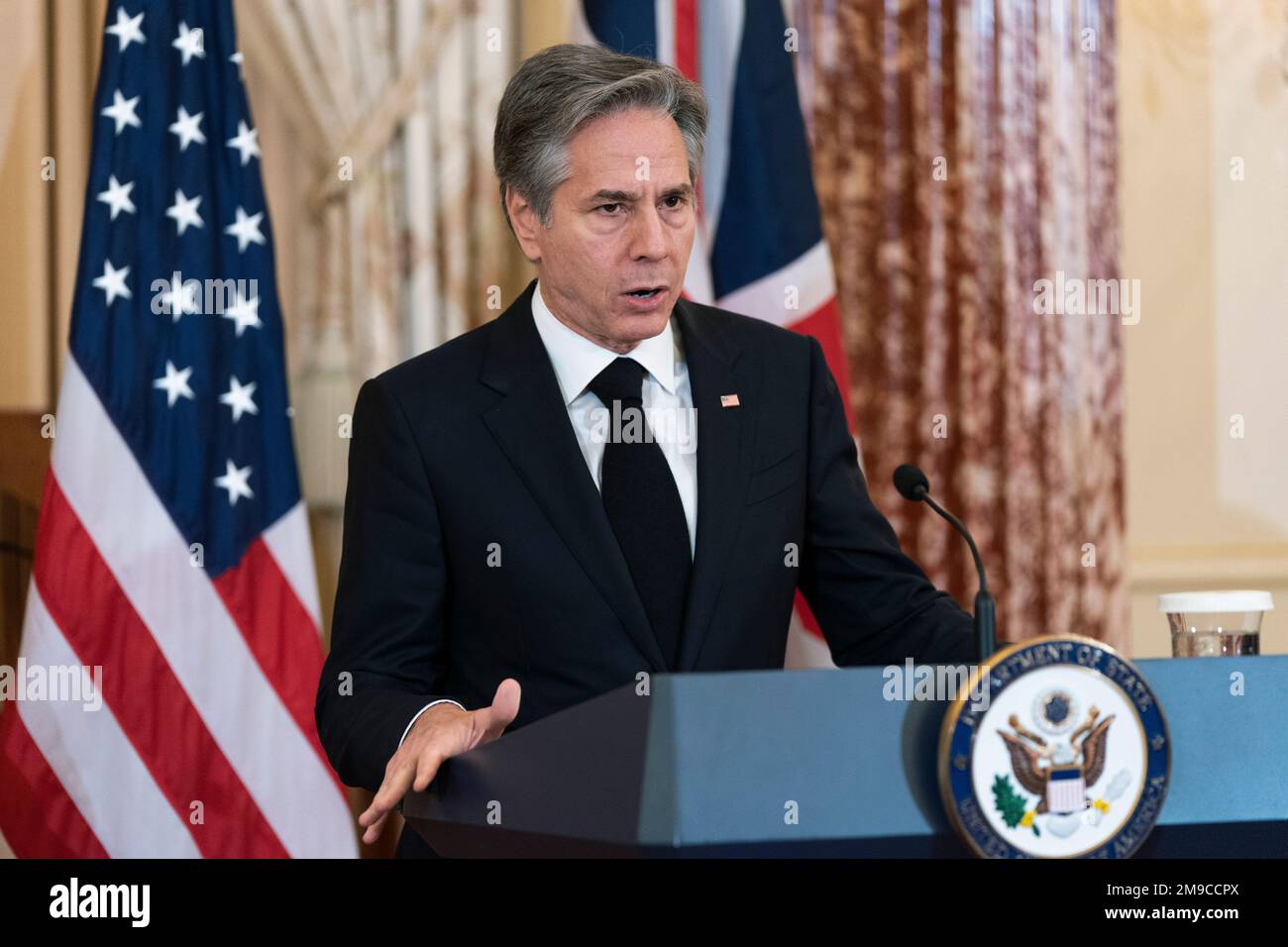 Secretary of State Antony Blinken speaks during a news conference with ...
